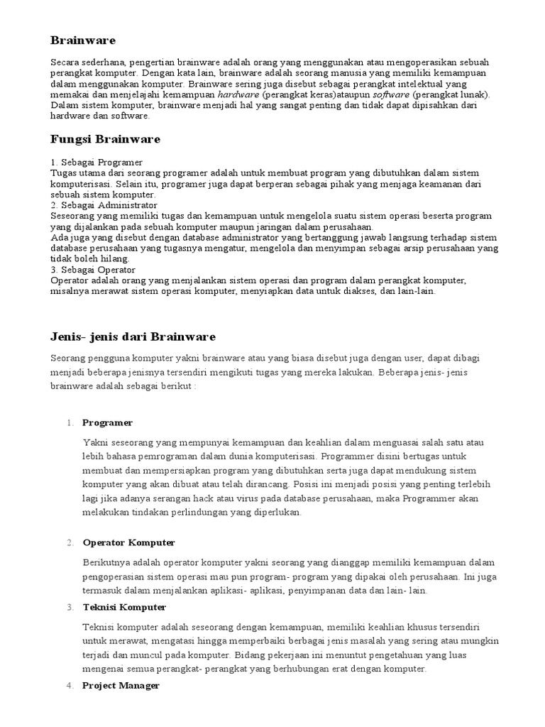Pengertian dan Fungsi Brainware dalam IT | PDF | Bisnis | Komputer