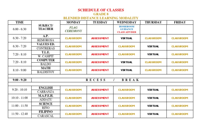 Grade 8 Blended Learning Class Schedule | PDF