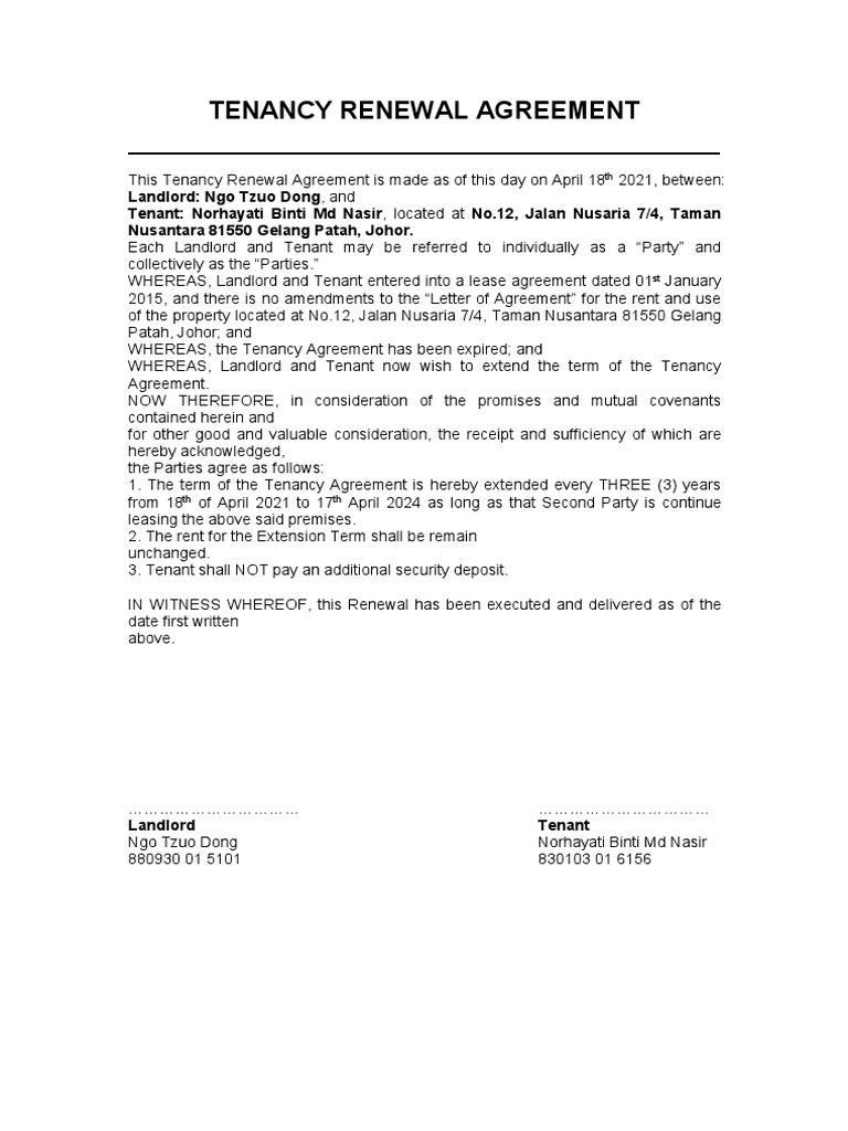 Renewal Agreement | PDF | Finance & Money Management