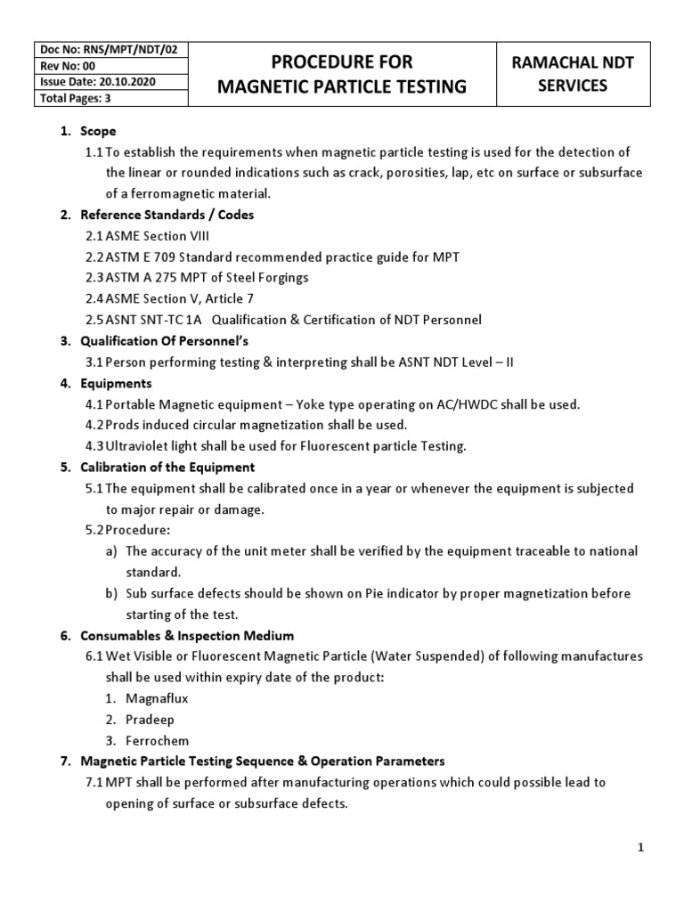 Procedure For Magnetic Particle Testing: Ramachal NDT Services | PDF ...