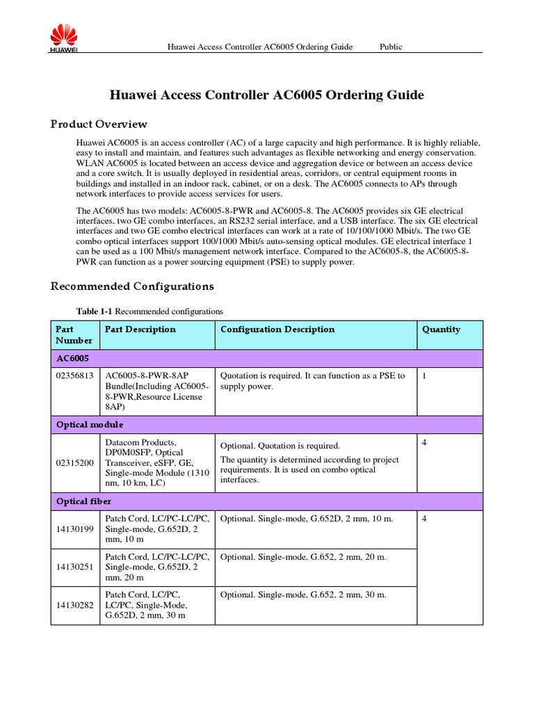 Huawei Access Controller AC6005 Ordering Guide | PDF | Optical Fiber ...