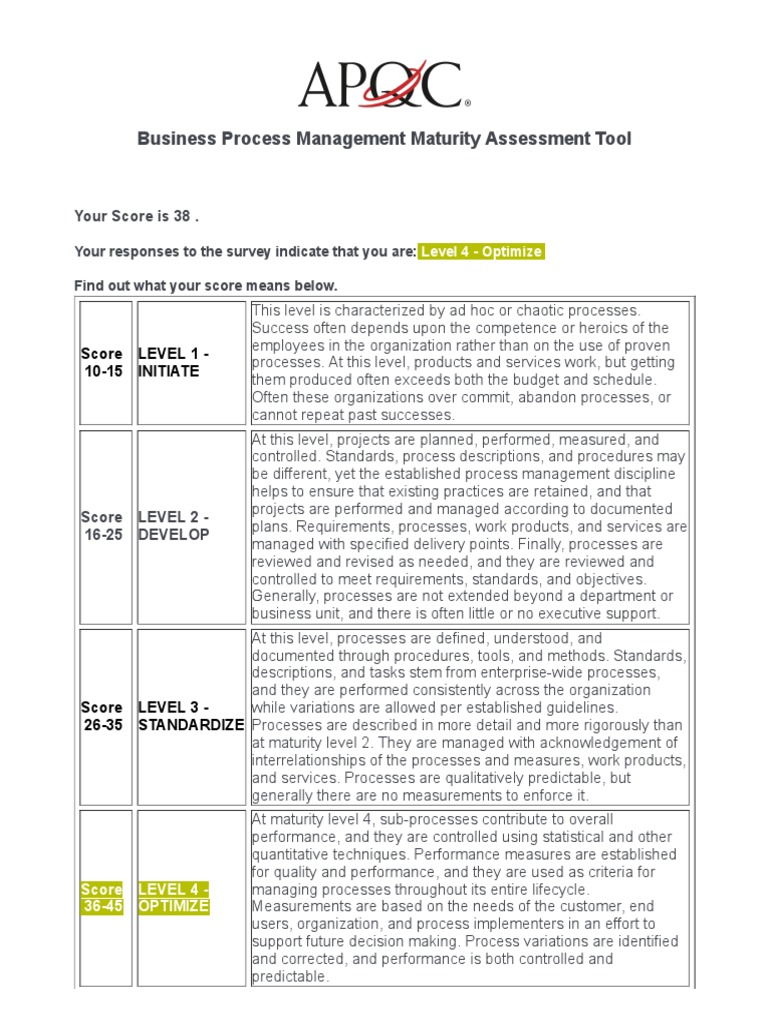 APQC - Business Process Management Maturity Assessment Tool | PDF ...