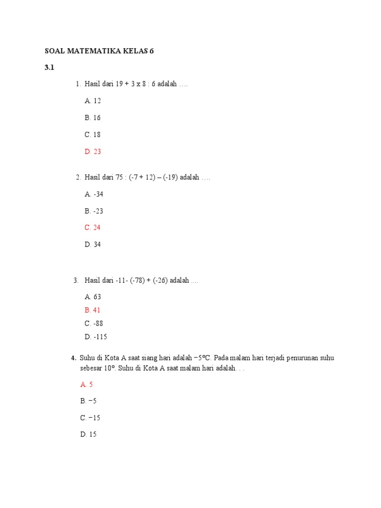Soal Matematika Dan Uraian Kelas 6 | PDF