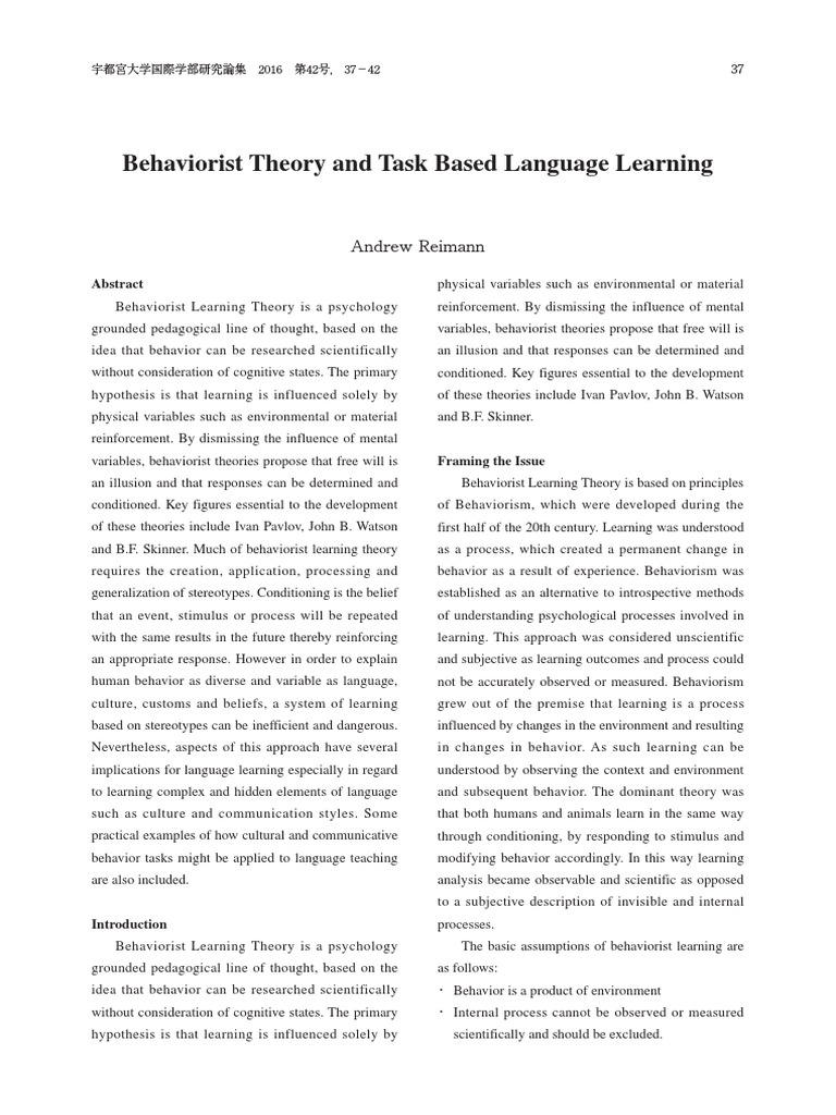 Behaviorist Theory and Task Based Language Learning: Andrew Reimann ...