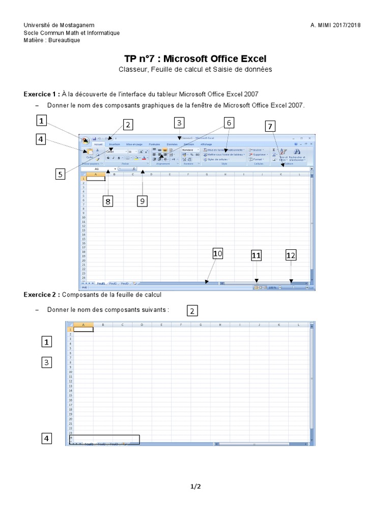 TP 7 MS Office Excel - Classeur Et Feuille de Calcul | PDF | Microsoft Excel | Feuille de calcul
