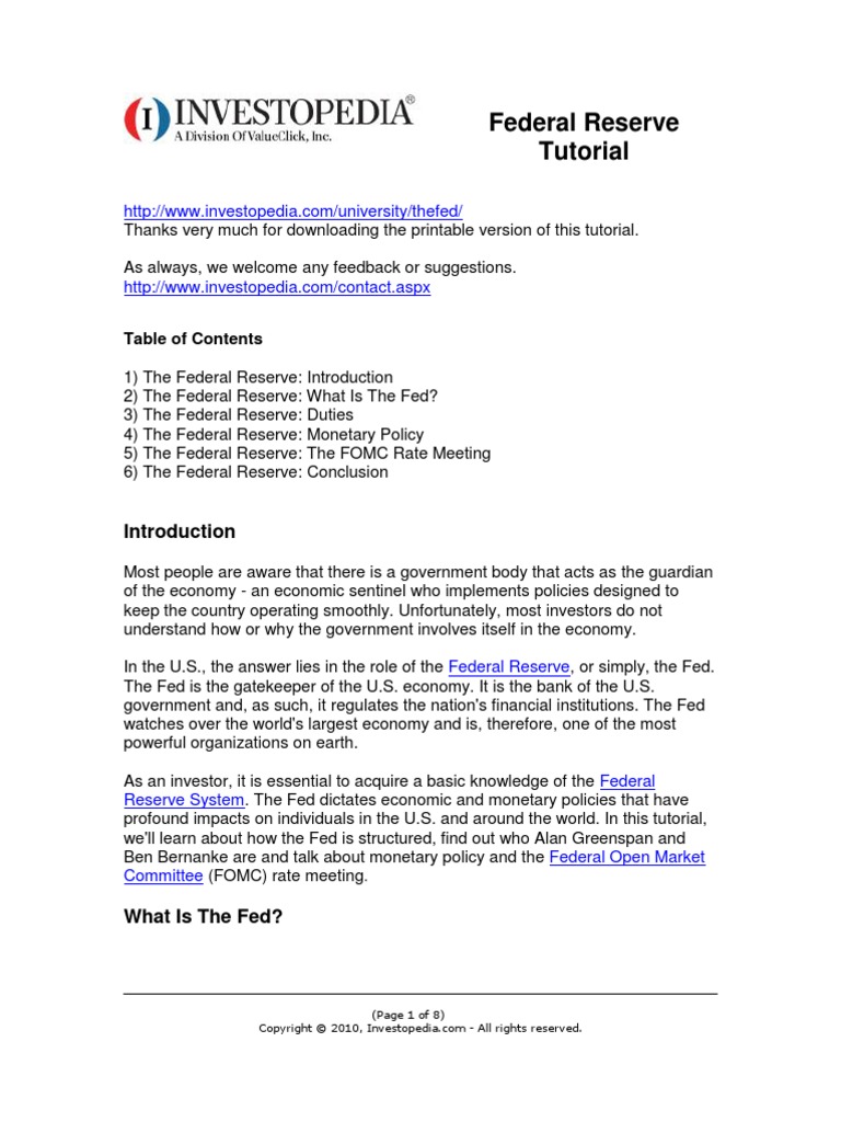 Federal Reserve Tutorial: (Page 1 of 8) | PDF | Federal Reserve ...