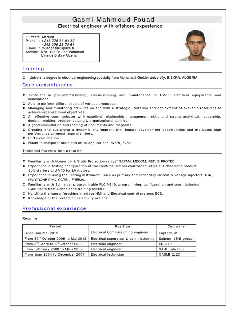 Gasmi - Mahmoud - Fouad CV | PDF | Transformer | Electrical Substation