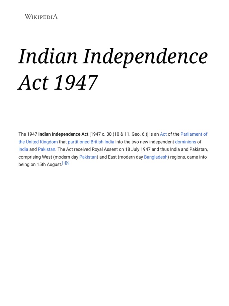 Indian Independence Act 1947 - Wikipedia | Download Free PDF ...