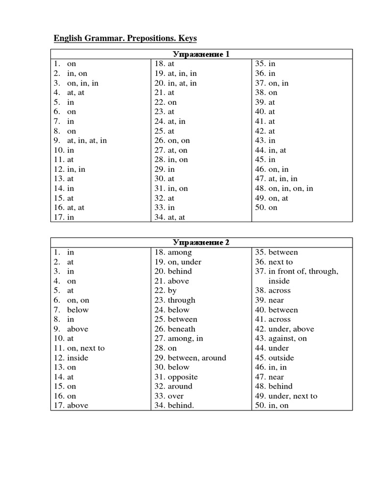 English Grammar. Prepositions. Keys Упражнение 1 | PDF