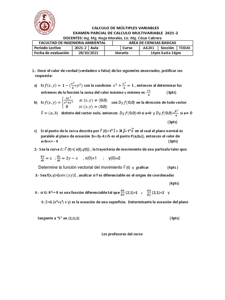 Examen Cálculo Multivariable 2021-2 | PDF | Cálculo multivariable | Vector Euclidiano