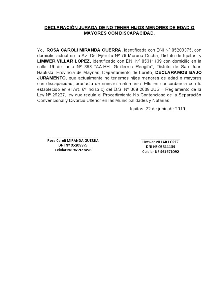 Declaración Jurada de No Tener Hijos Menores o Mayores Con Discapacidad | PDF