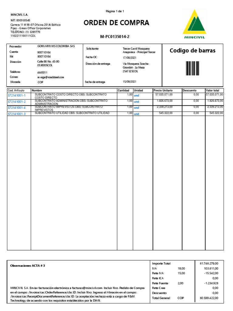 Orden de Compra: Codigo de Barras CP | PDF