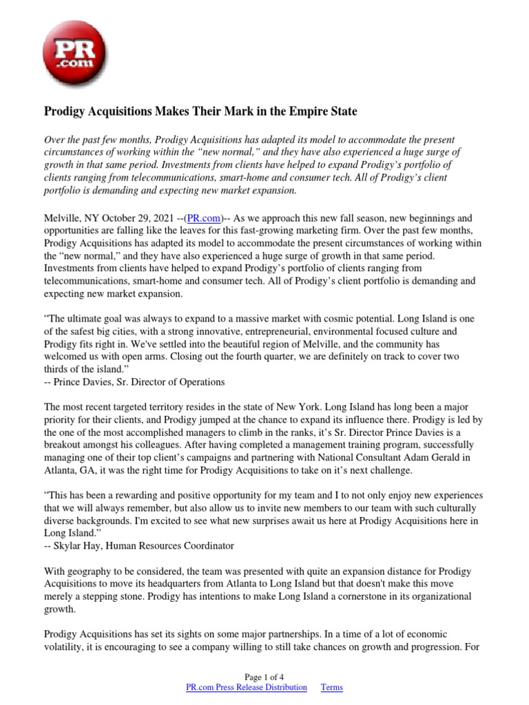 Prodigy Acquisitions Makes Their Mark in The Empire State | PDF ...