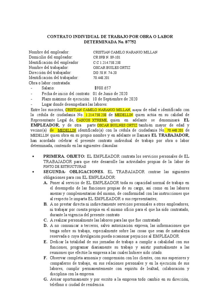 Contrato Individual de Trabajo Por Obra o Labor Determinada | Descargar gratis PDF | Salario ...