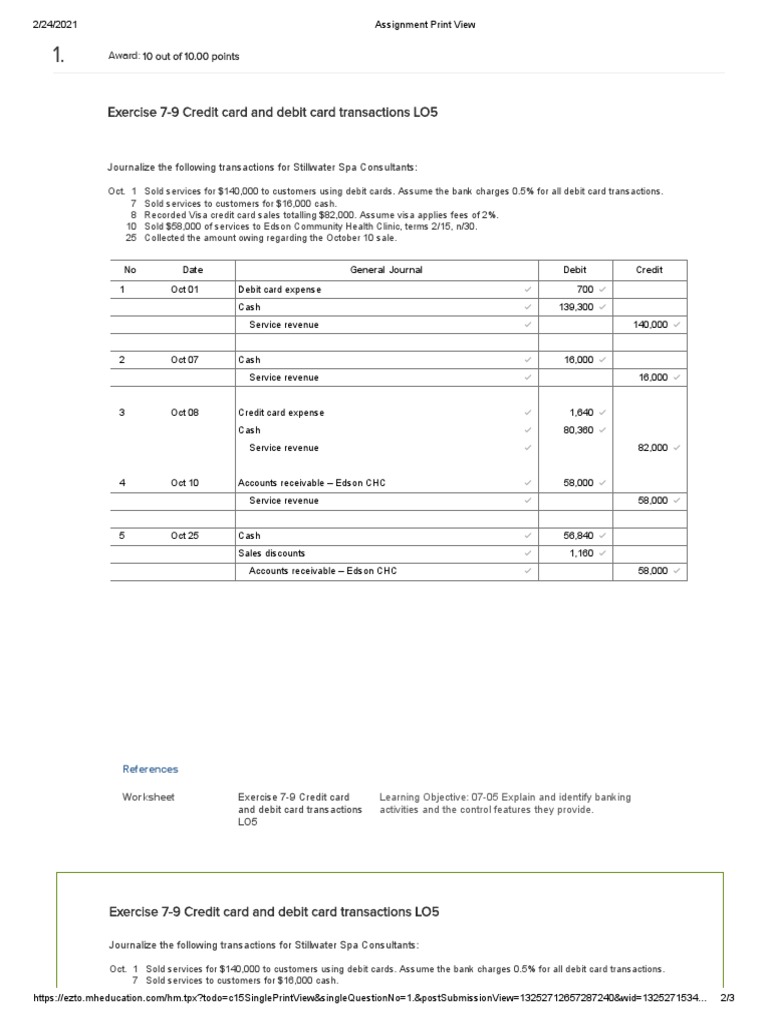 Exercise 7-9 Credit Card and Debit Card Transactions LO5 | PDF | Debit ...