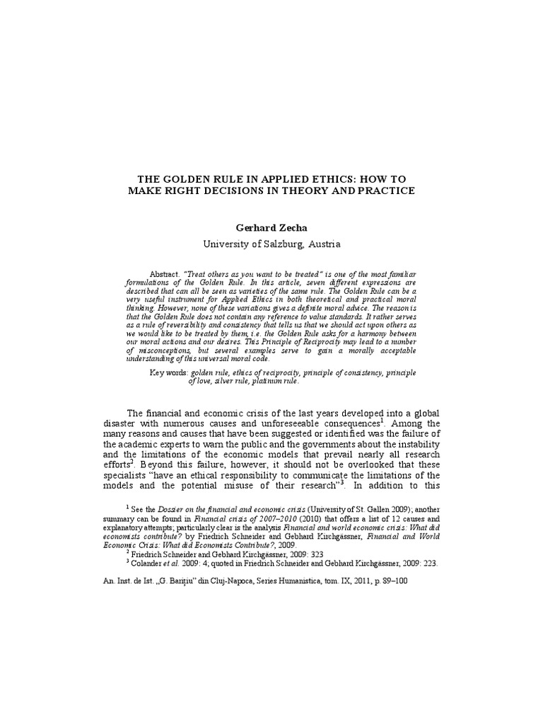 Zecha - THE GOLDEN RULE IN APPLIED ETHICS | PDF | Golden Rule | Morality