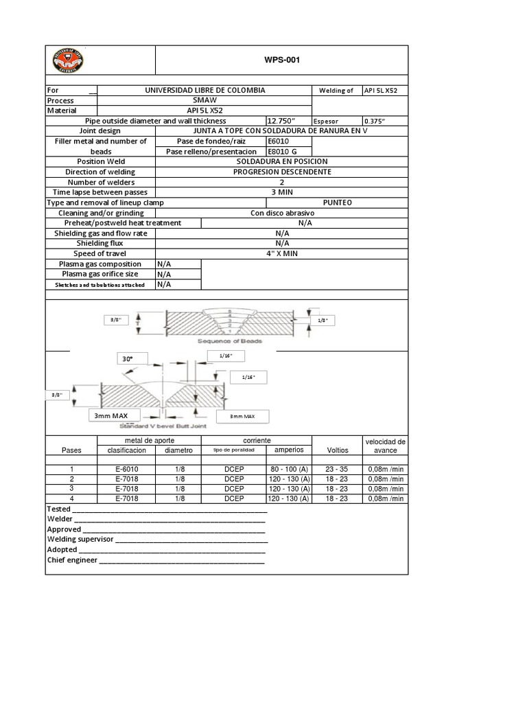 WPS - Api 5L X52 - Codigo Api1104 | PDF | Welding | Construction
