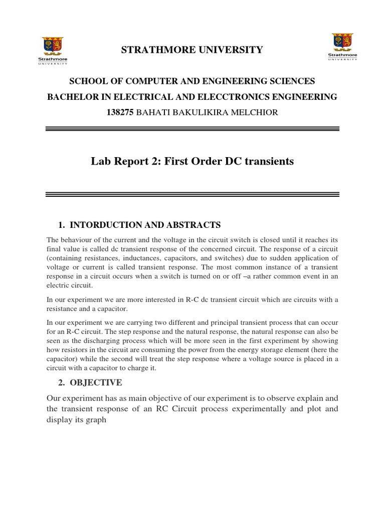 Lab Report 2: First Order DC Transients: Strathmore University | PDF | Electrical Network ...