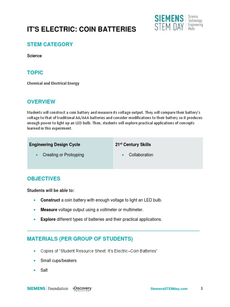 Activity - Siemens STEM Day HS Its Electric Coin Batteries-2 | PDF ...