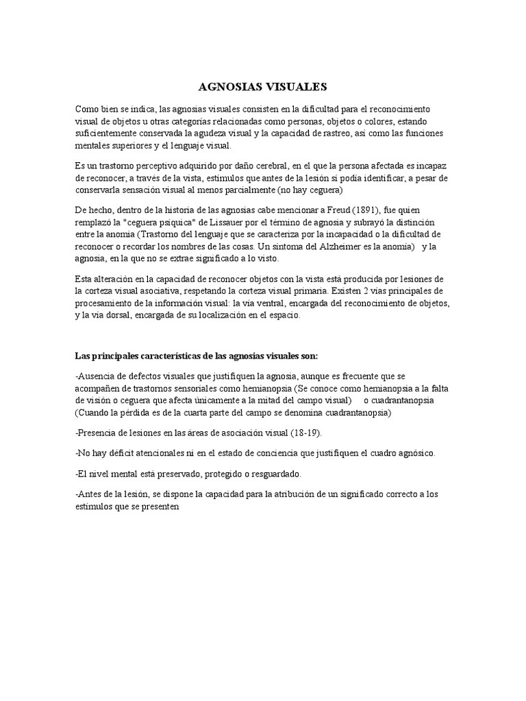 Agnosias Visuales en Neuropsicología | PDF | Percepción visual ...