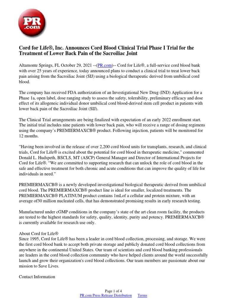 Cord For Life®, Inc. Announces Cord Blood Clinical Trial Phase I Trial ...