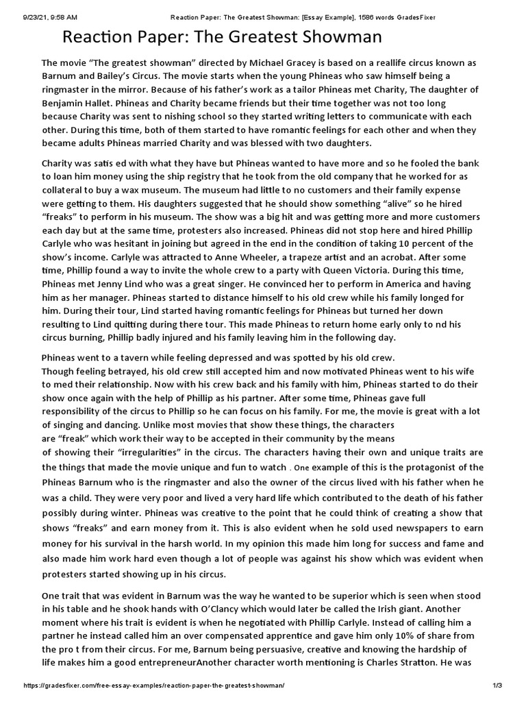 Reaction Paper - The Greatest Showman - (Essay Example), 1586 Words ...