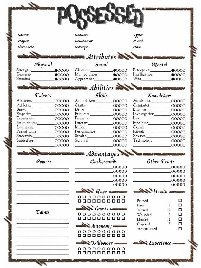 W20 Possessed Sheet | PDF | Psychology | Cognition