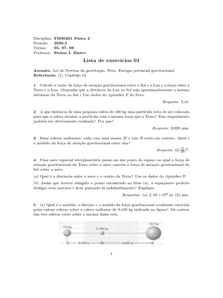 Lista de Exerc Icios 01 | PDF | Gravidade | Terra
