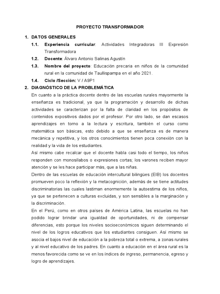 Proyecto Transformador - Actividades Integradoras.. | PDF | Aprendizaje | Pobreza