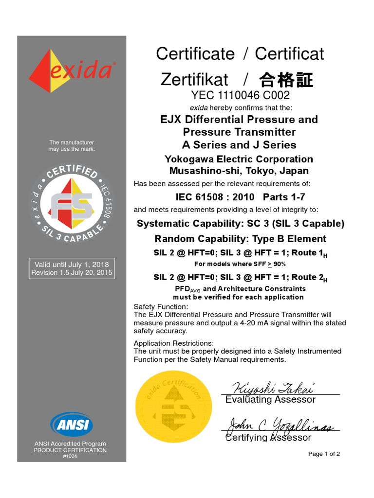 EJX-A Series Exida SIL Certificate | PDF | Systems Engineering | Safety
