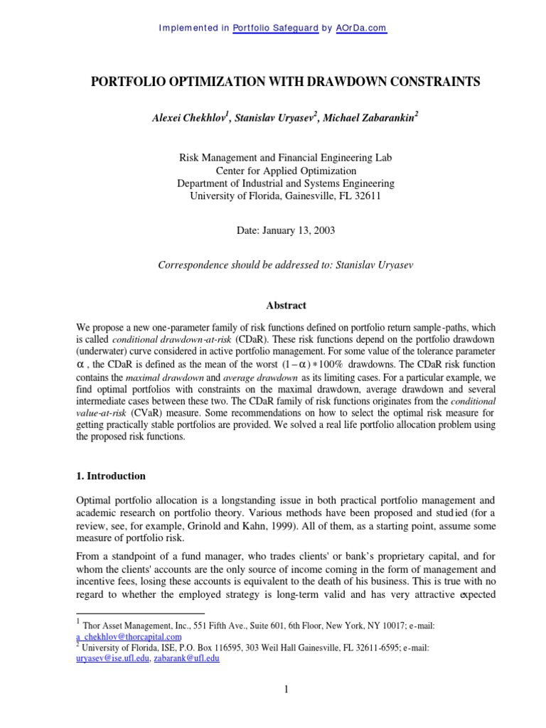 Portfolio Optimization With Drawdown Constraints: Alexei Chekhlov ...