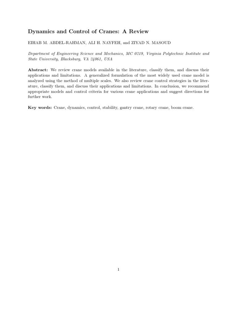 Dynamics and Control of Cranes A Review | PDF | Crane (Machine) | Resonance