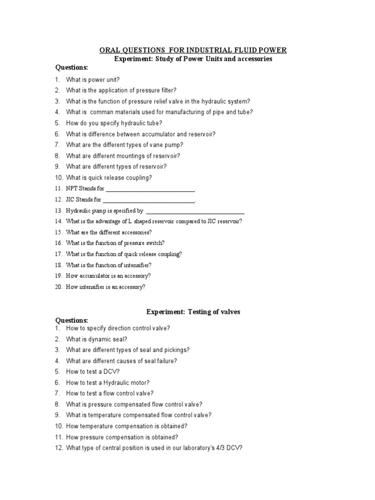 Oral Questions For Industrial Fluid Power | PDF | Valve | Gases