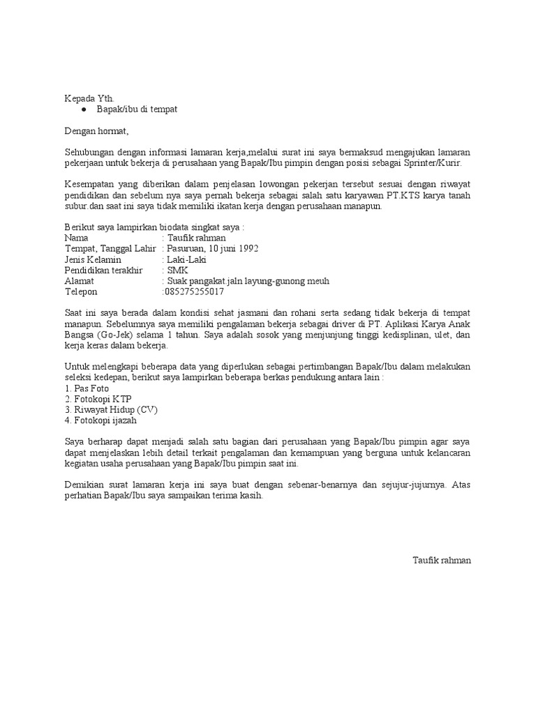 Contoh Surat Lamaran Kerja Kurir J&T | PDF