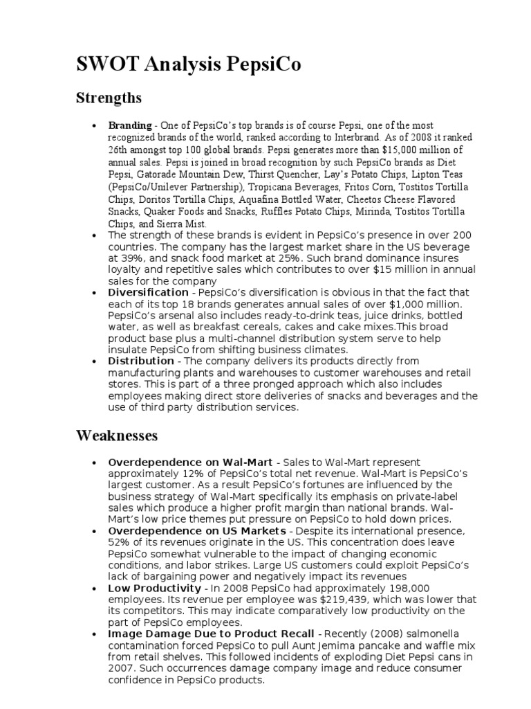 SWOT Analysis PepsiCo | PDF | Pepsi Co | Food Industry