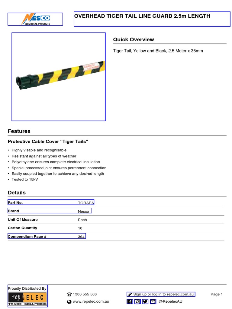 TORAEA OVERHEAD TIGER TAIL LINE GUARD 2.5m LENGTH | PDF