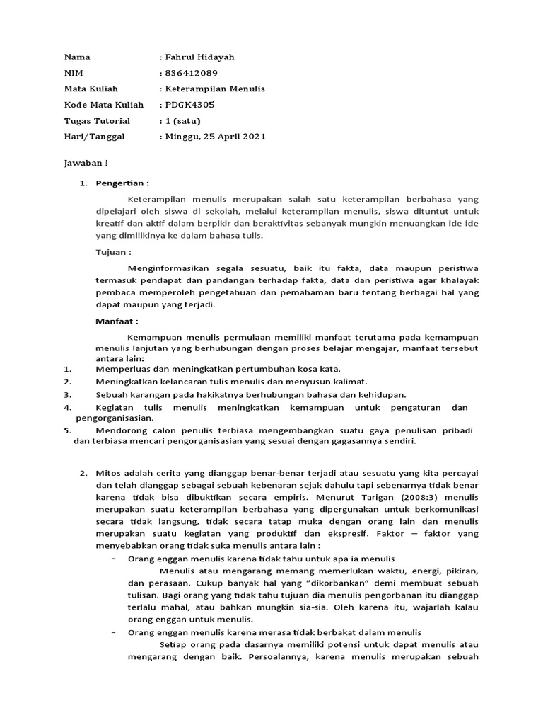 Tugas Tutorial 1, Keterampilan Menulis, Fahrul Hidayah | PDF | Sains & Matematika