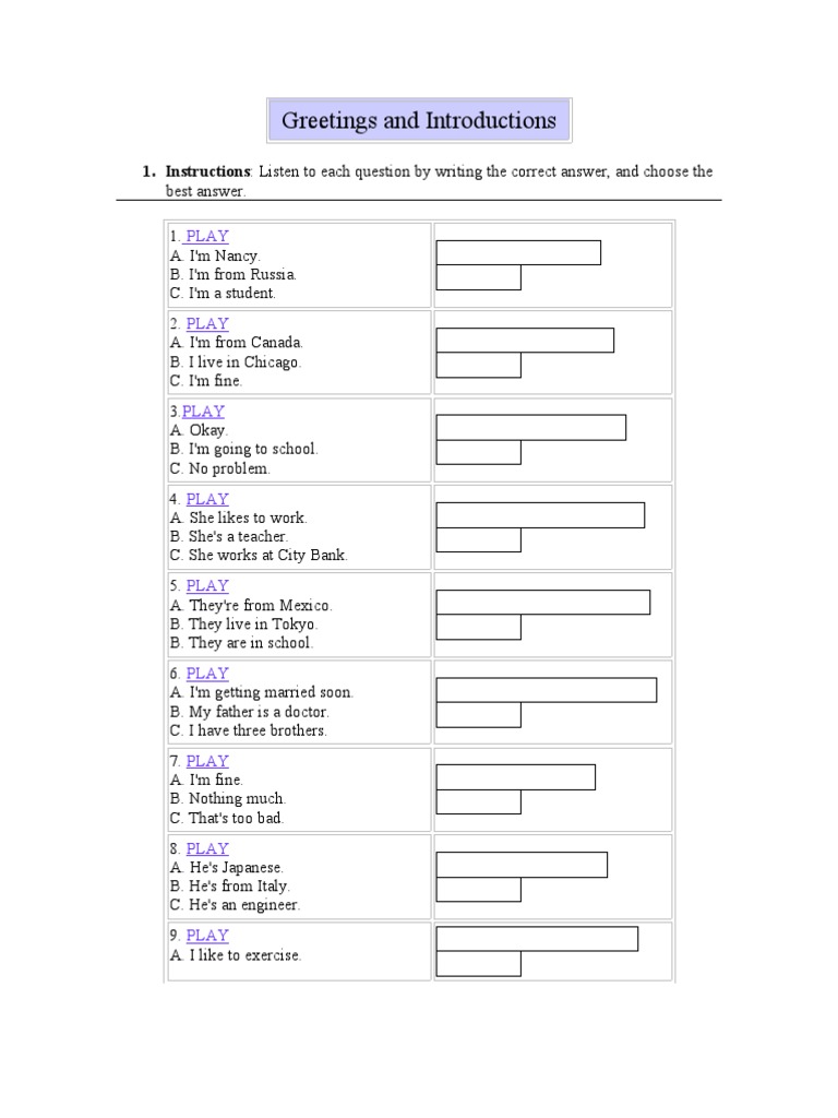 Greetings and Introductions: Instructions: Listen To Each Question by ...