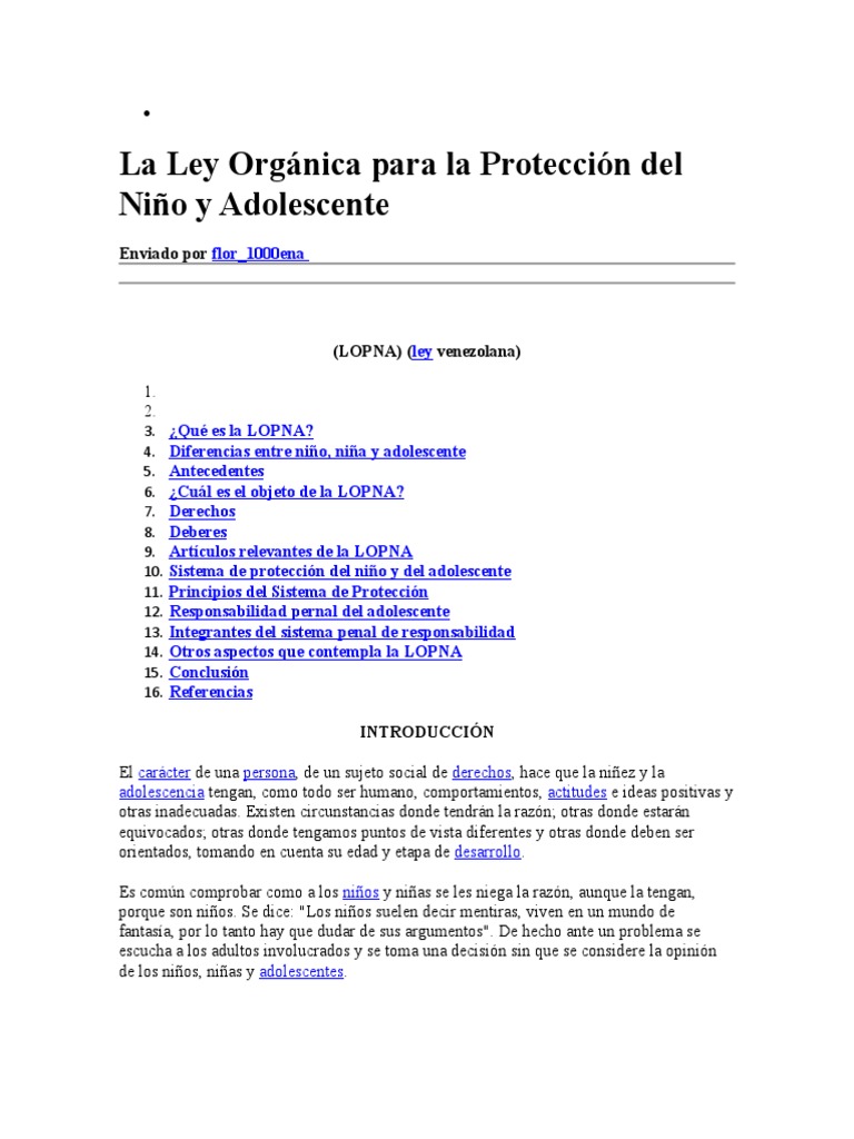 La Ley Orgánica para La Protección Del Niño y Adolescente LOPNA | PDF ...