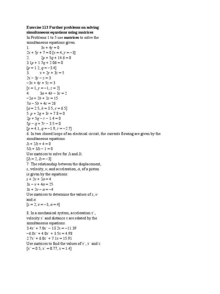 Exercise 113 Further Problems On Solving Simultaneous Equations Using ...