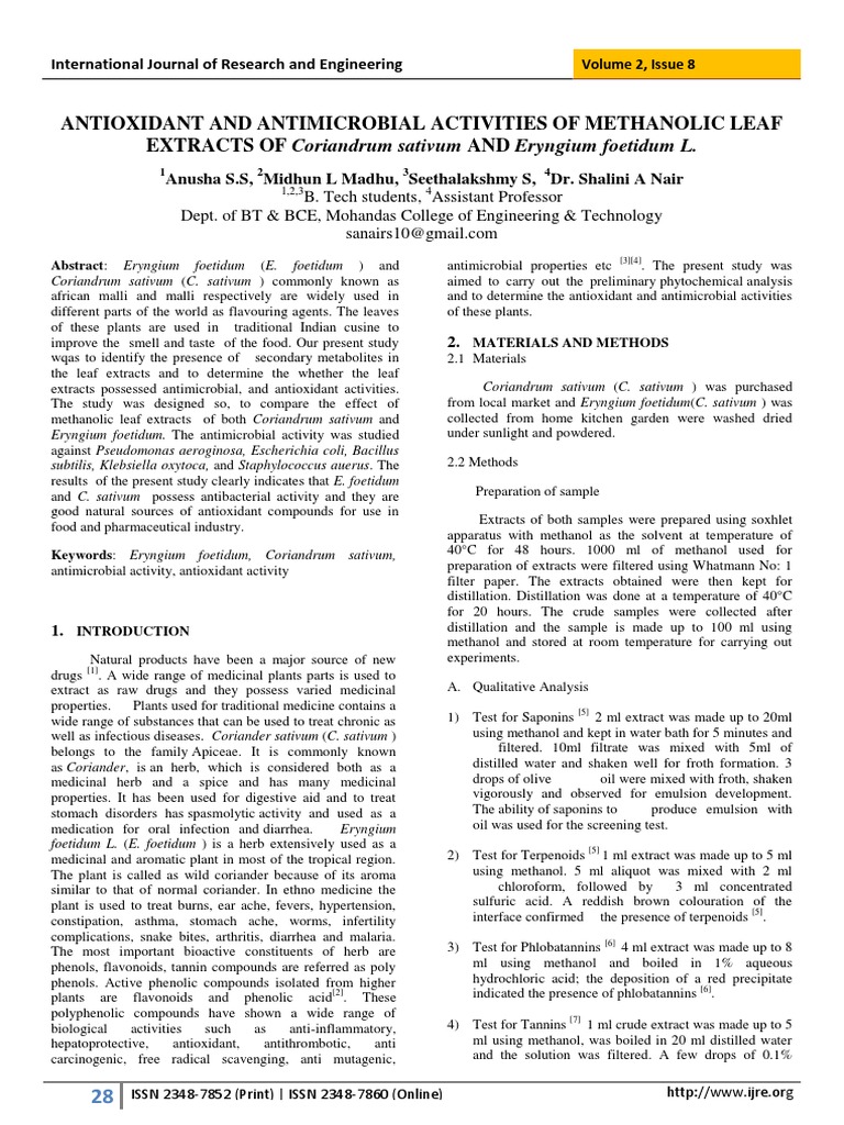 Antioxidant and Antimicrobial Activities of Methanolic Leaf EXTRACTS OF Coriandrum Sativum AND ...