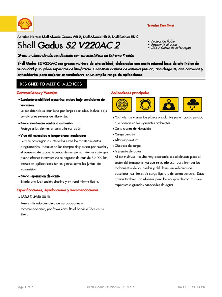 Ficha Tecnica Shell Gadus S2 V220 AC2 | PDF | Petróleo | Agua