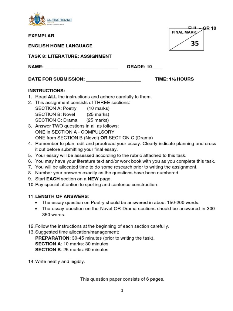 Grade 10 Literature Assignment Guide | PDF | Poetry | Essays