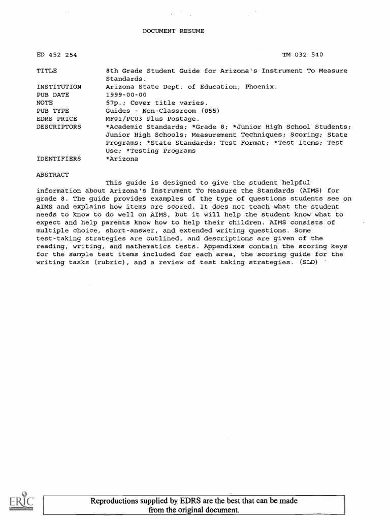 8th Grade Student Guide For Arizona's Instrument To Measure Standards ...