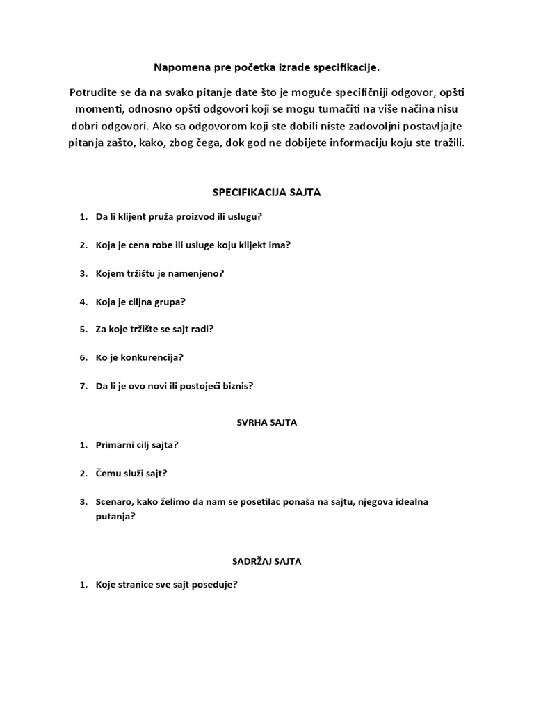Specifikacija Sajta | PDF