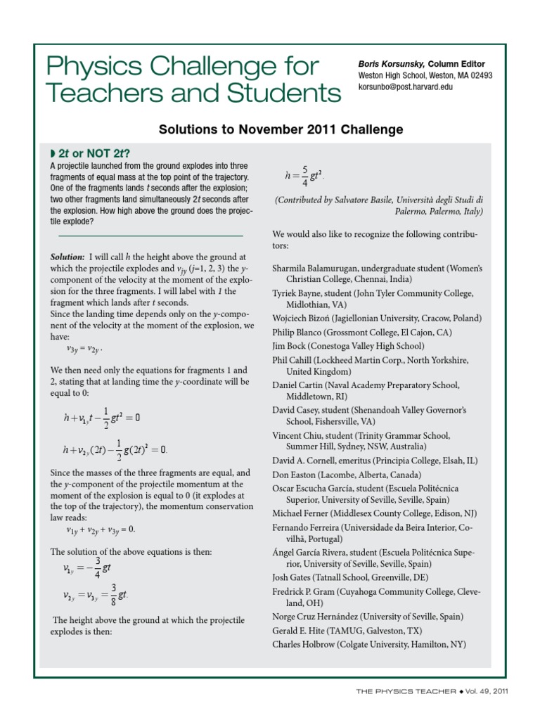 Physics Challenge For Teachers and Students: Solutions To November 2011 ...