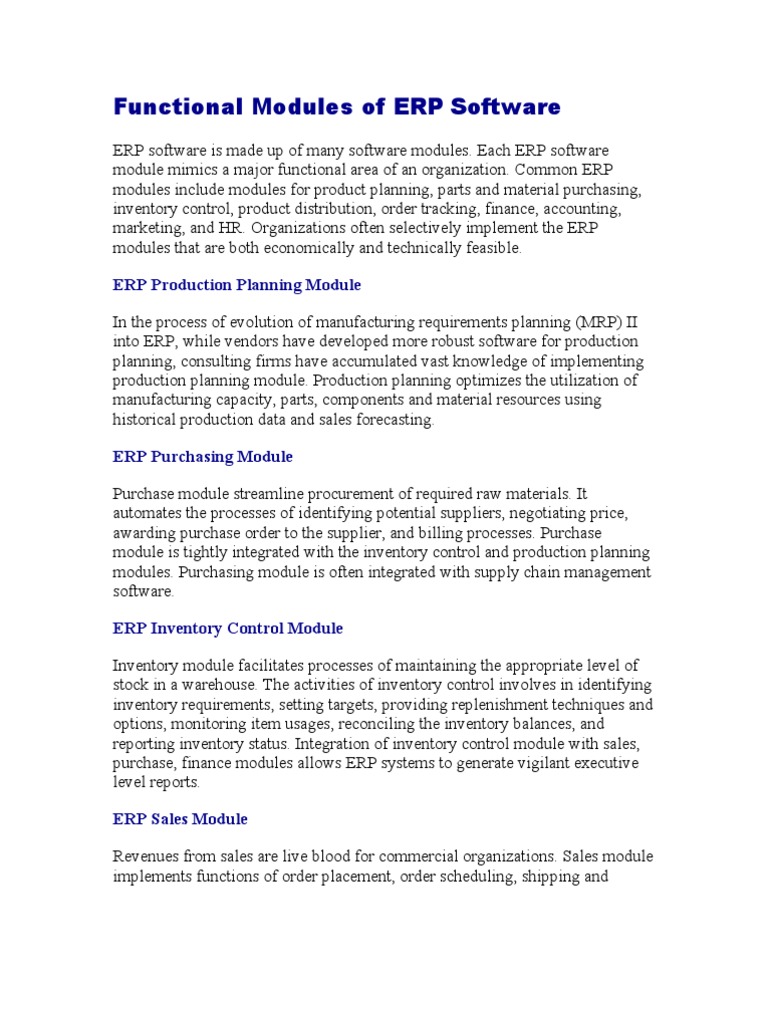 Functional Modules of ERP Software | PDF | Enterprise Resource Planning ...