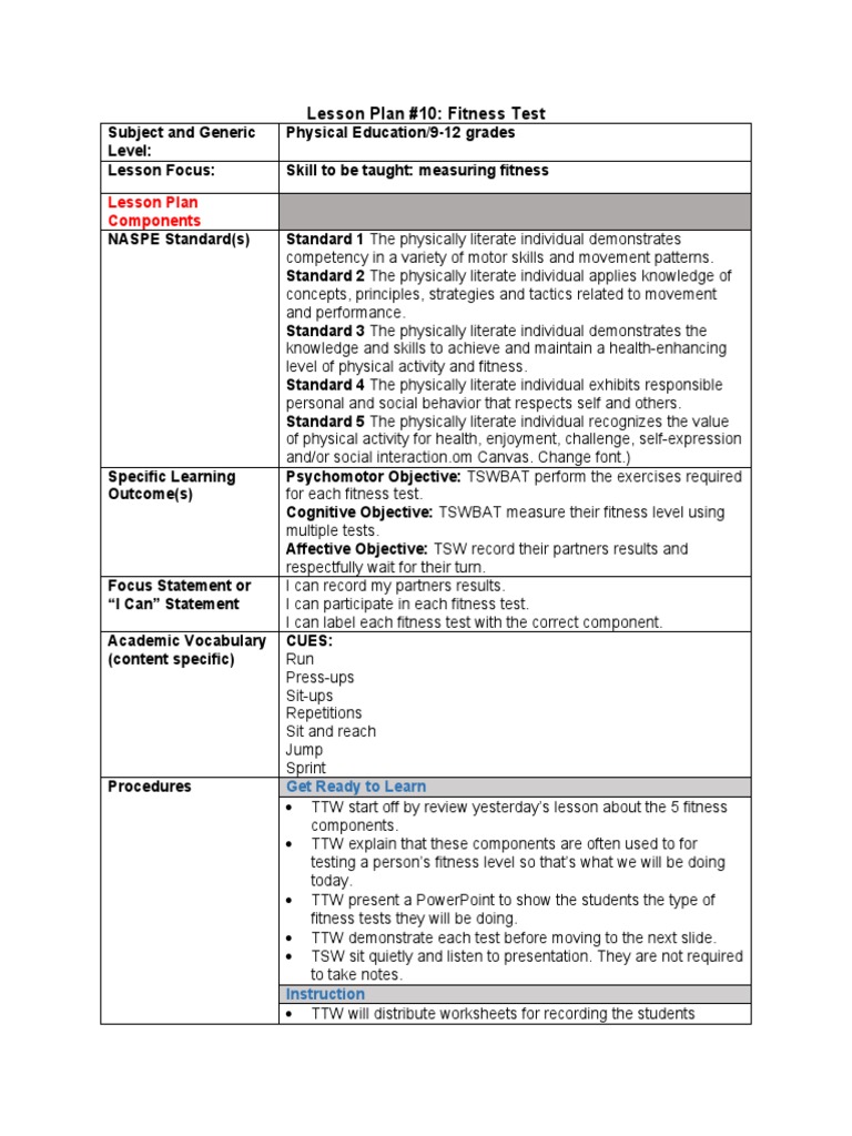 Lesson Plan #10 of Unit | PDF | Lesson Plan | Physical Education