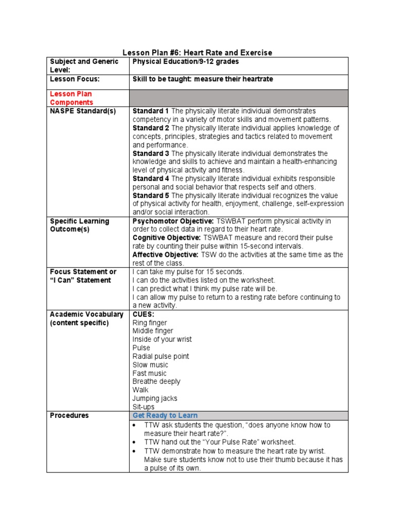 Lesson Plan #6: Heart Rate and Exercise | PDF | Heart Rate | Pulse