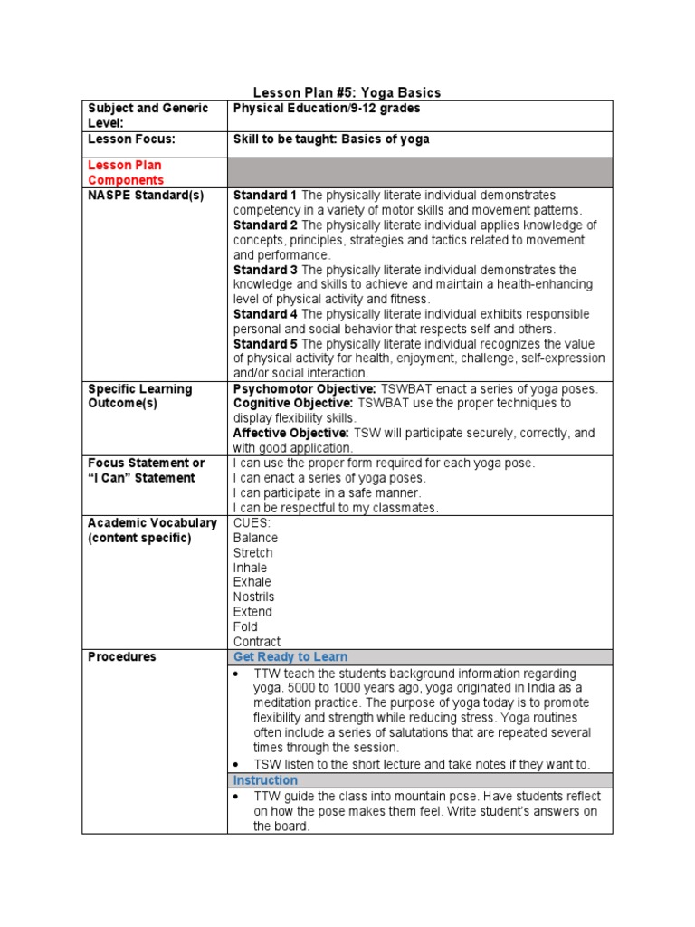 Lesson Plan #5 of Unit | PDF | Lesson Plan | Yoga